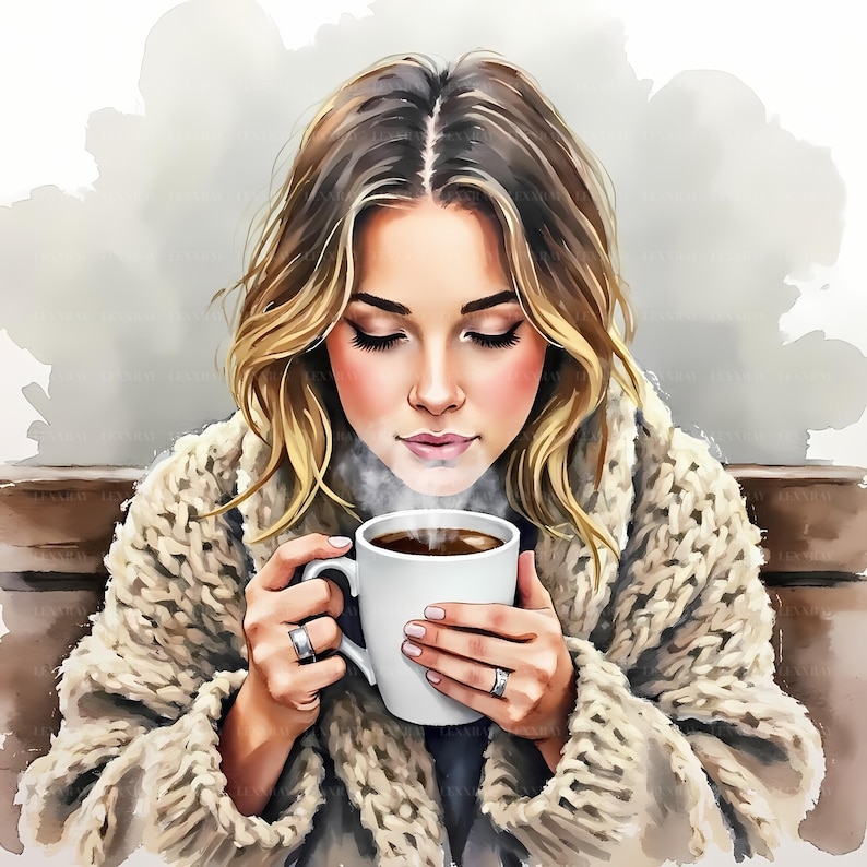 Watercolor Girl With Coffee Clipart, Bundle, High Quality Jpgs, Clip ...