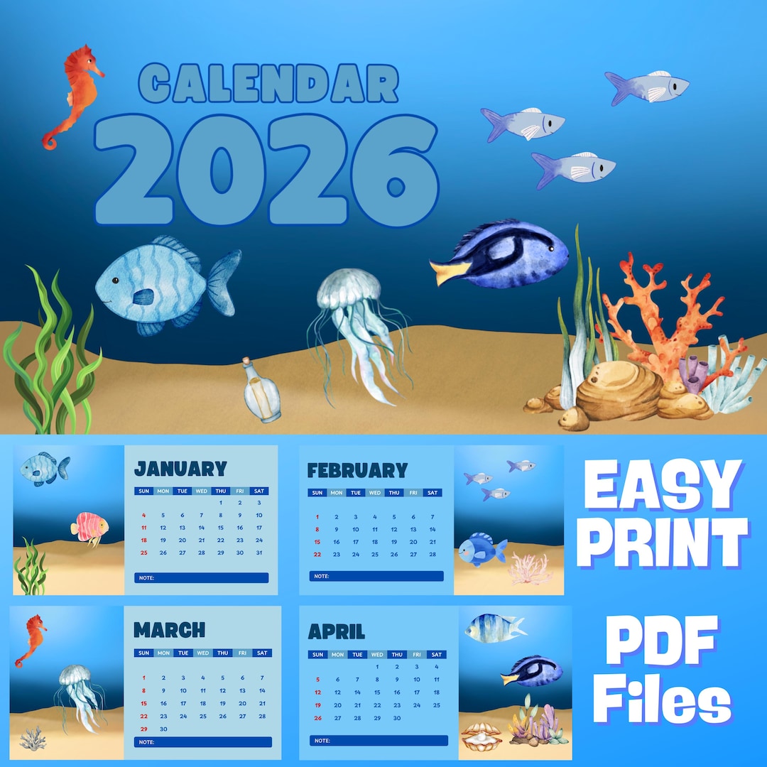 Fish Watercolor 2026 Calendar, Sealife Printable (PDF) - Etsy