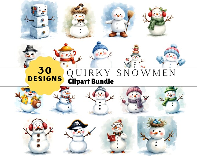 Whimsical Snowman Clipart PNG Bundle, Christmas Graphics (digital ...