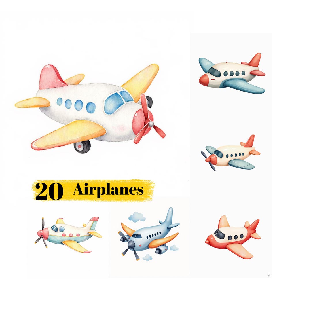 Watercolor Airplane Clip Art, Nursery Decor, PNG JPG Transparent Junk ...