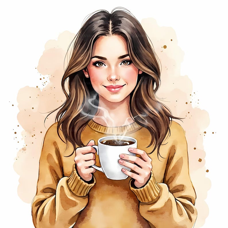 Watercolor Girl With Coffee Clipart, Bundle, High Quality Jpgs, Clip ...