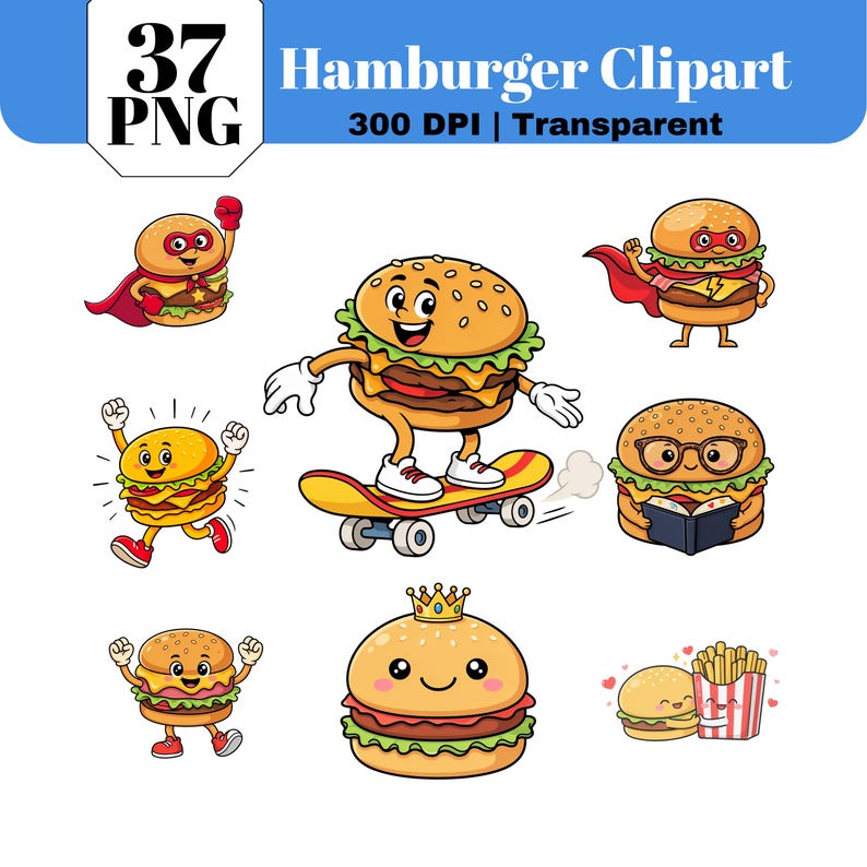 37 PNG Hamburger Clipart Bundle, Burger Fries Graphics (digital ...