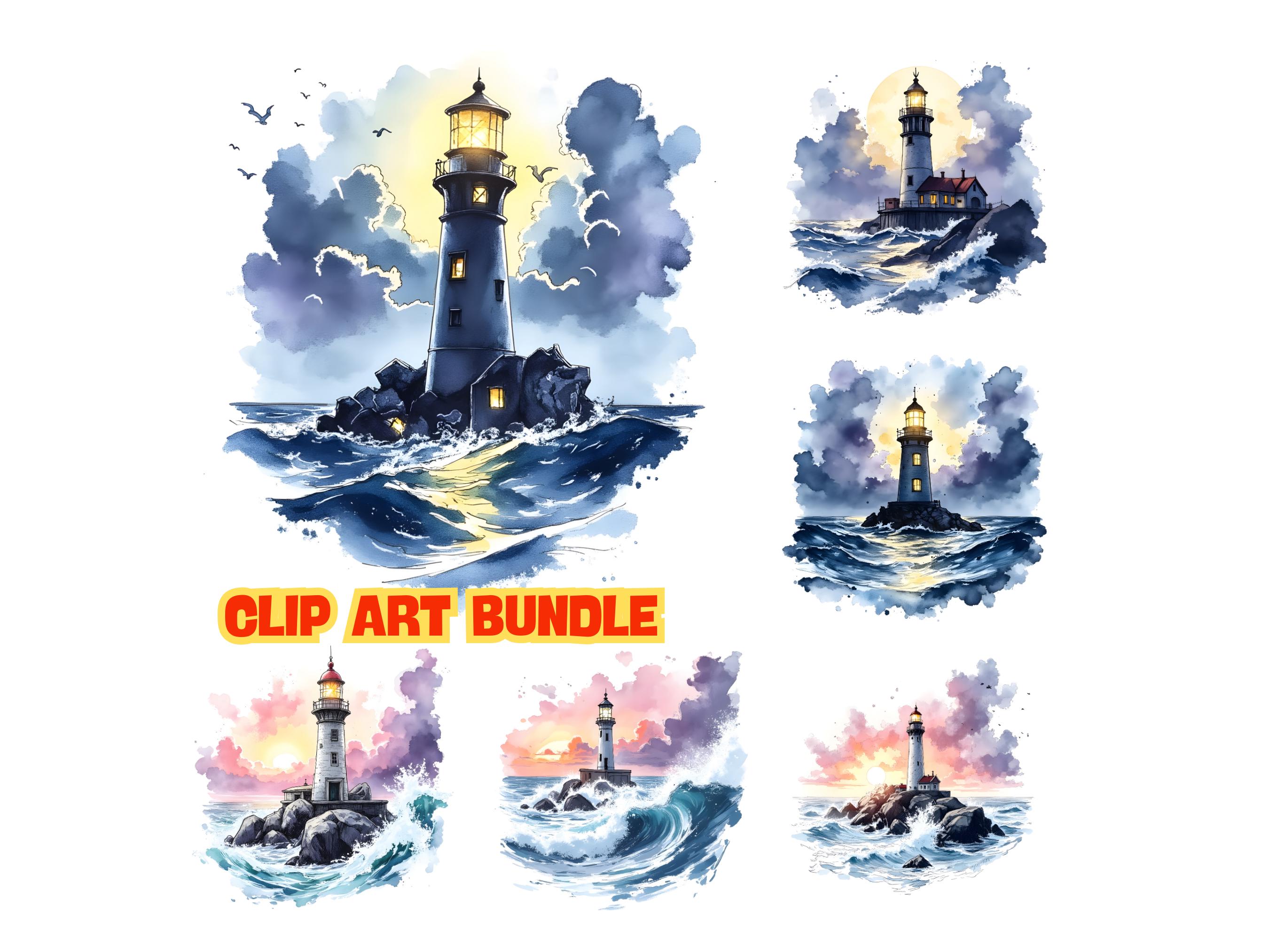 Watercolor Lighthouse Clip Art Bundle, Coastal Nautical PNG JPG ...