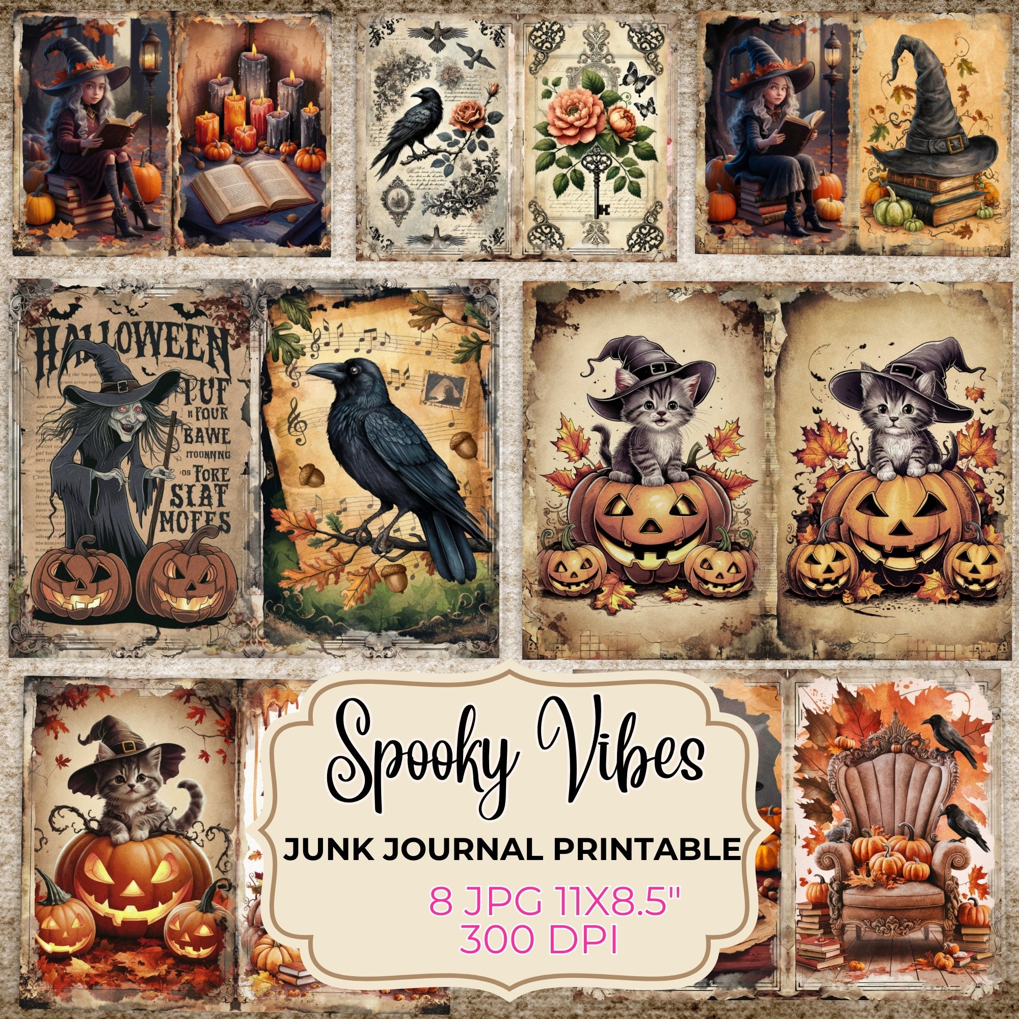 Halloween Printables for Junk Journals, Vintage Journal Paper Halloween ...