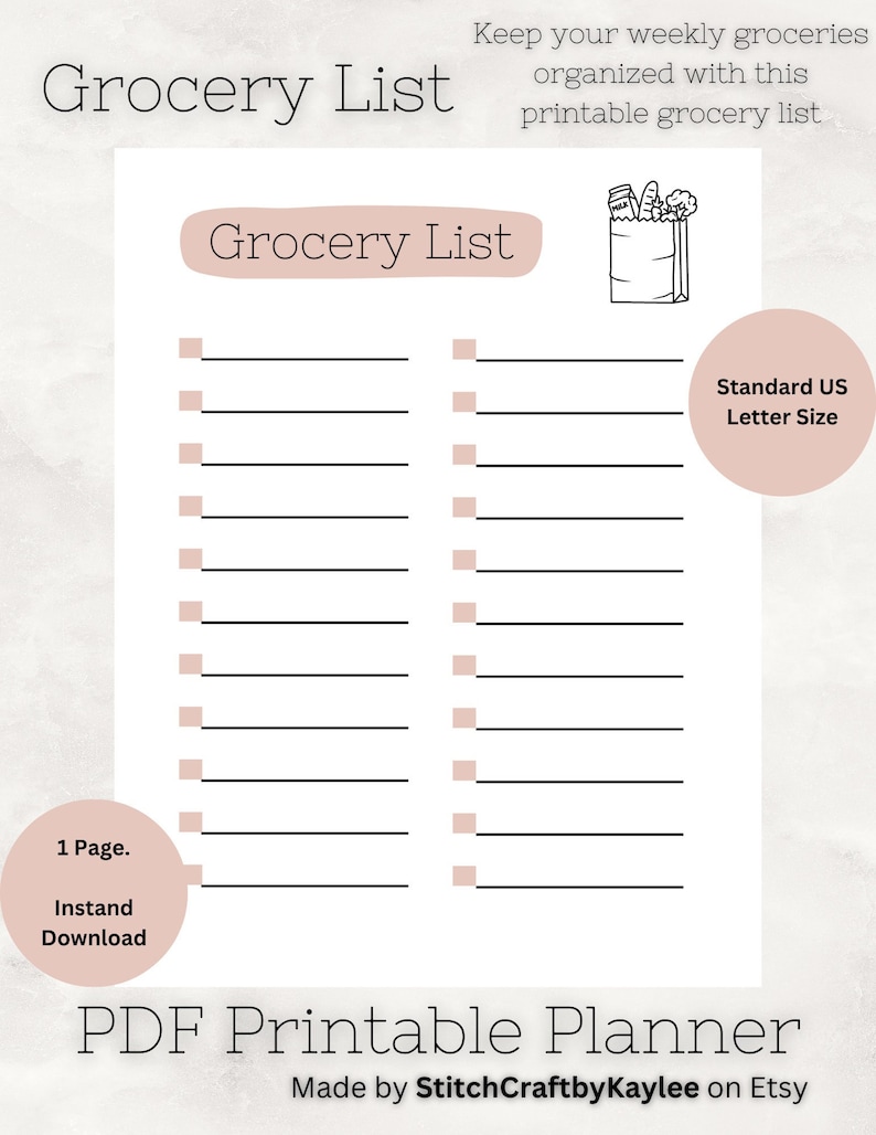 Weekly Groceries List, Printable Planner, Standard US Letter Size ...
