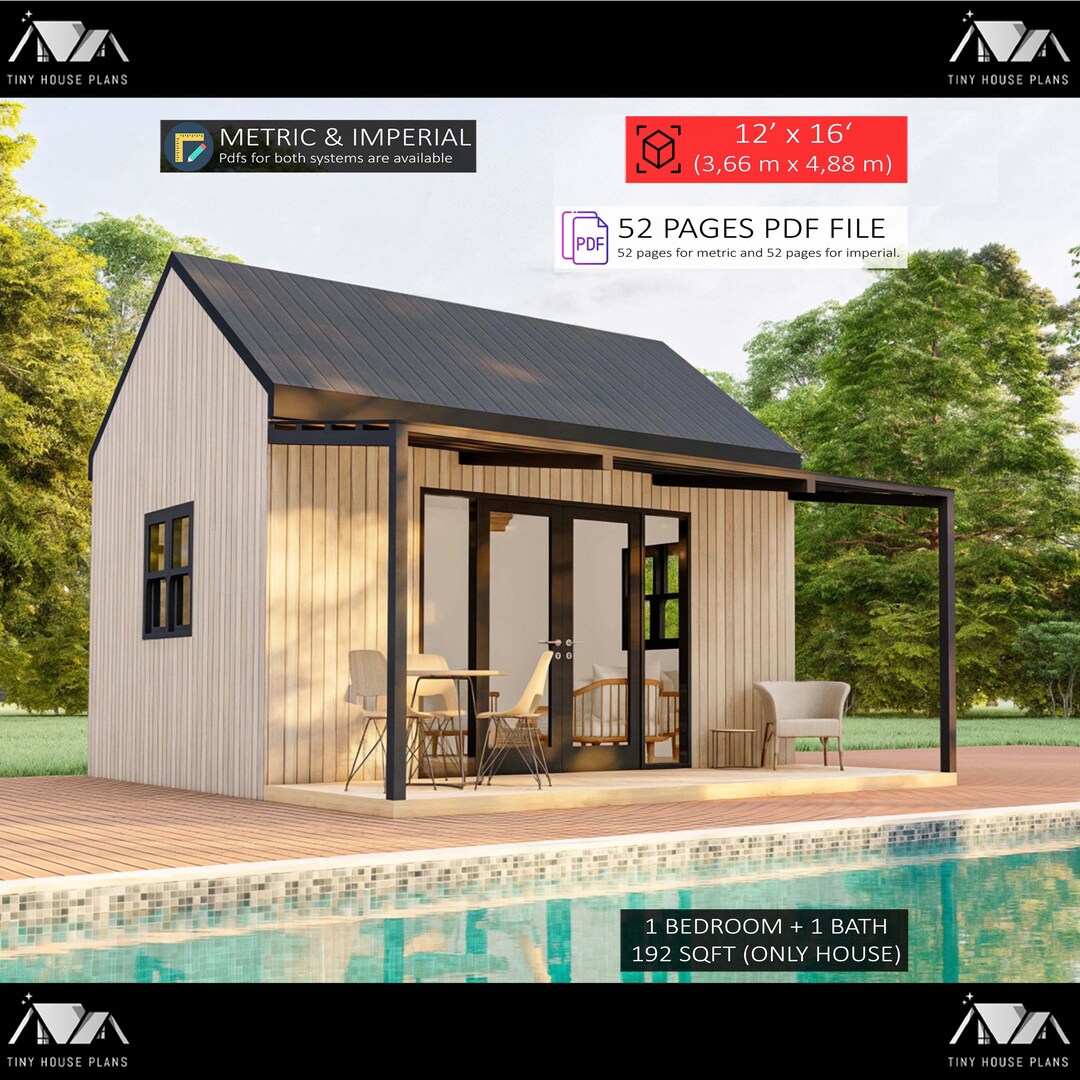 12x16 Pool House Plans, Tiny Cottage Adu, Guest Cabin Plans (PDF ...