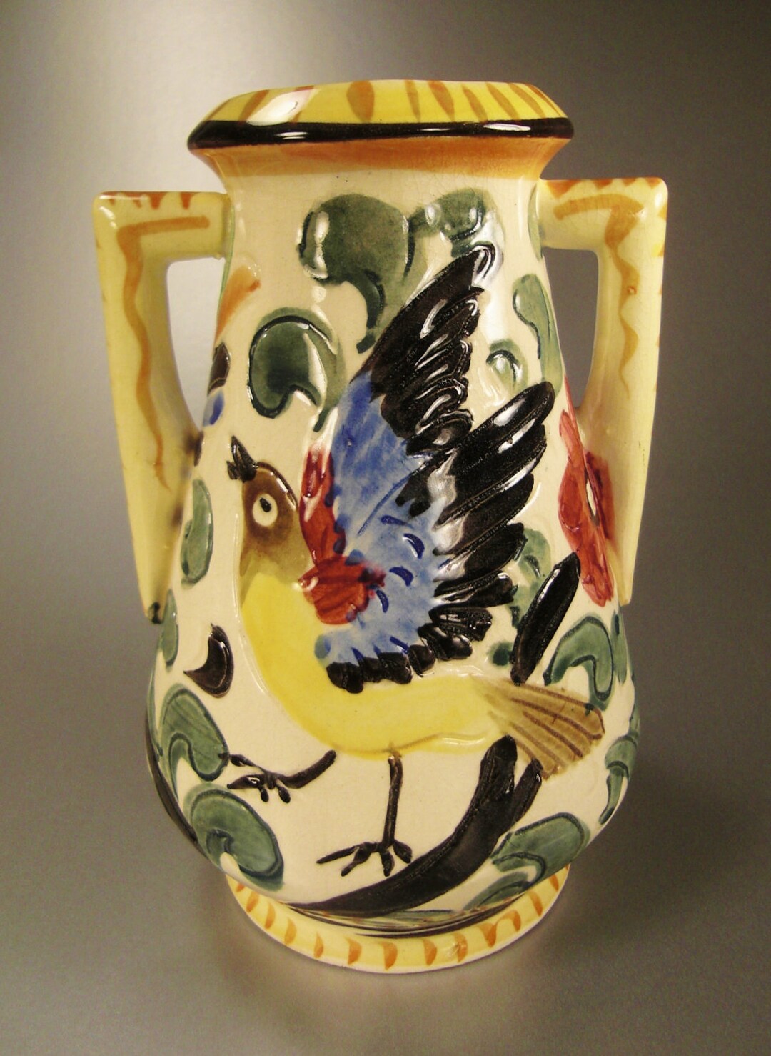 CERAMIC VASE JAPAN Bird on Branch Flowers Table Display Two Handles as ...