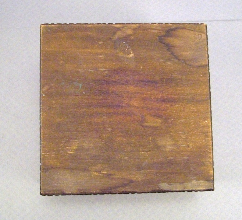 Folk ART COTTAGE Pyro Burned Wood Design Hinged Jewelry Box Ap 4 X 4 X ...