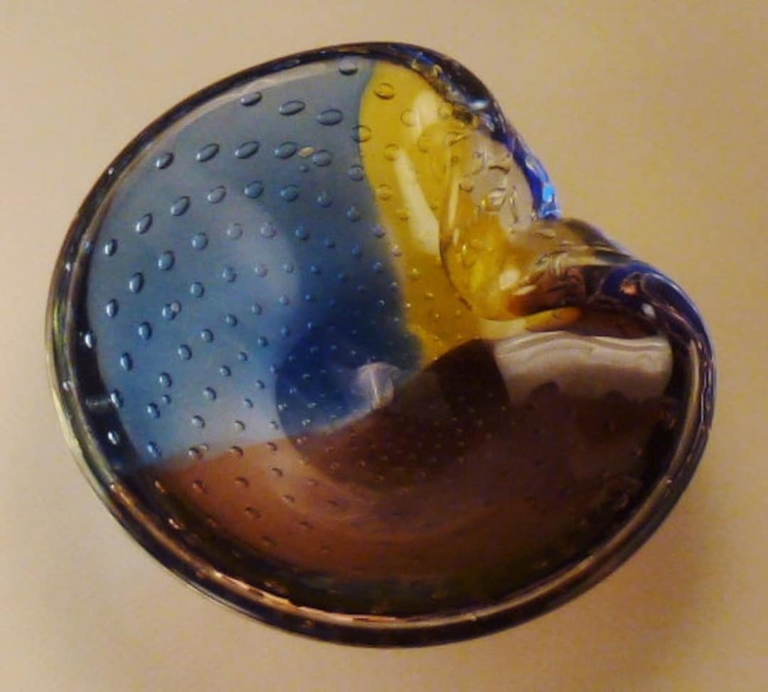 Italian MURANO GLASS Bowl Seashell Blue Red Yellow Air Bubbles ...