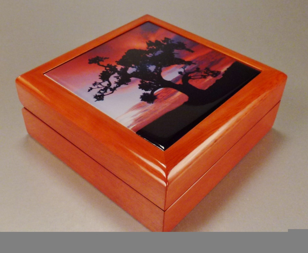 LAQUER Jewelry Box TILE Ceramic Landscape Design Handpainted MINT in ...