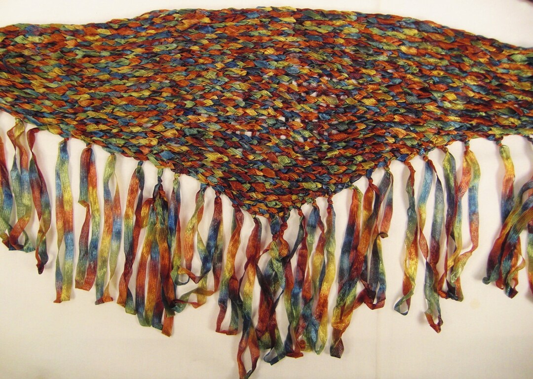 Vintage SILK Rayon Woven RIBBONS SHAWL Fringed Handcrafted Multicolored ...