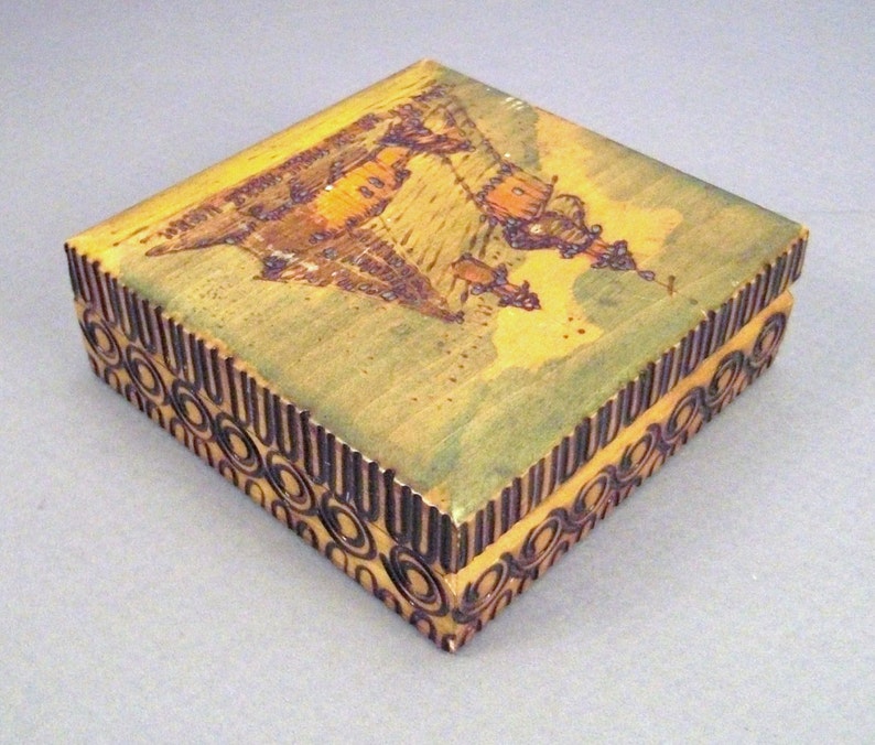Folk ART COTTAGE Pyro Burned Wood Design Hinged Jewelry Box Ap 4 X 4 X ...