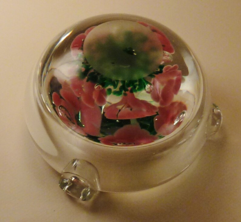 FENTON AMERICAN ART Glass Paperweight Pink Flowers Very Heavy Clear ...