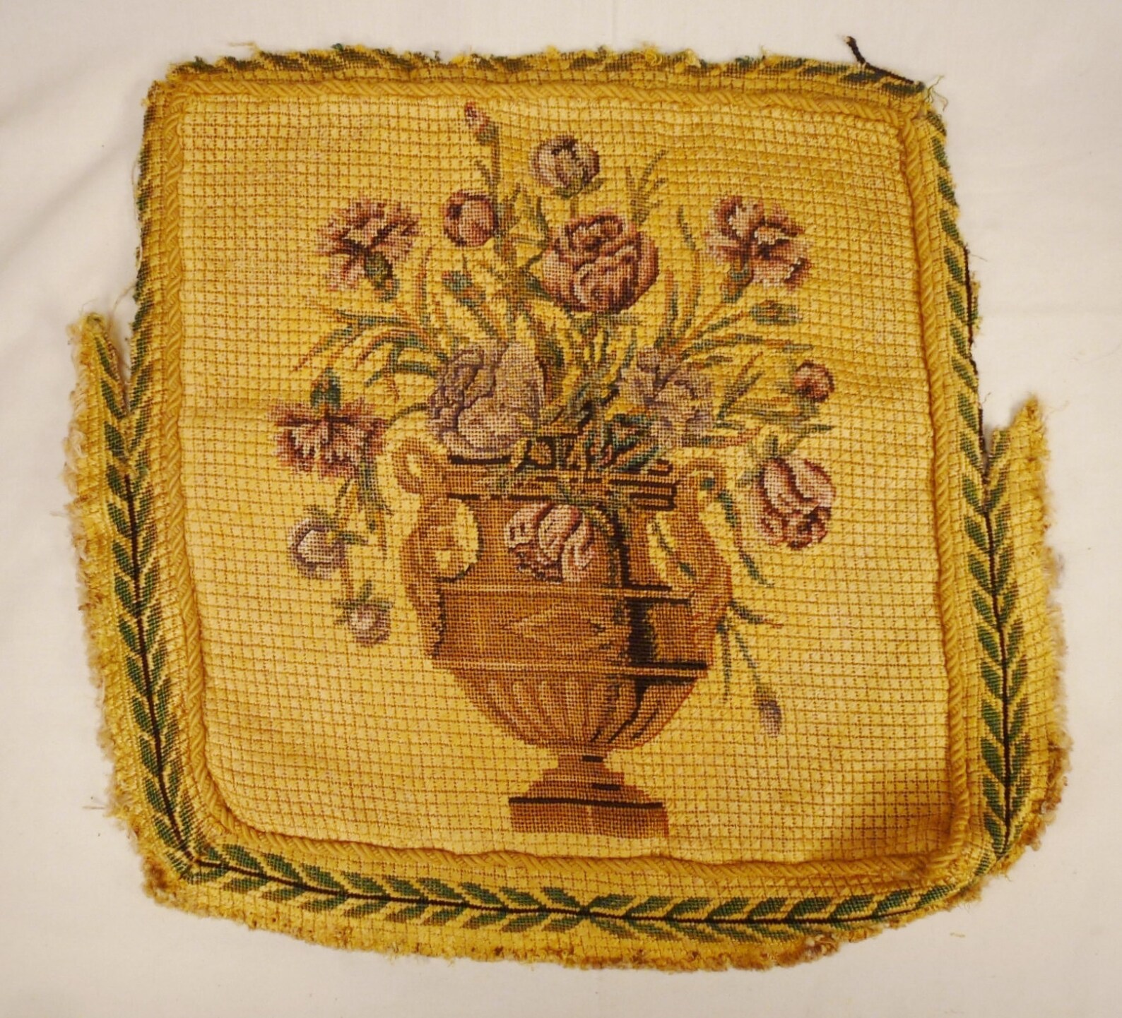 ANTIQUE FRENCH Petit Point Needlepoint CARNATIONS and Roses in Urn 17 ...