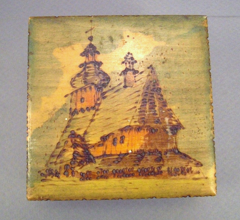 Folk ART COTTAGE Pyro Burned Wood Design Hinged Jewelry Box Ap 4 X 4 X ...