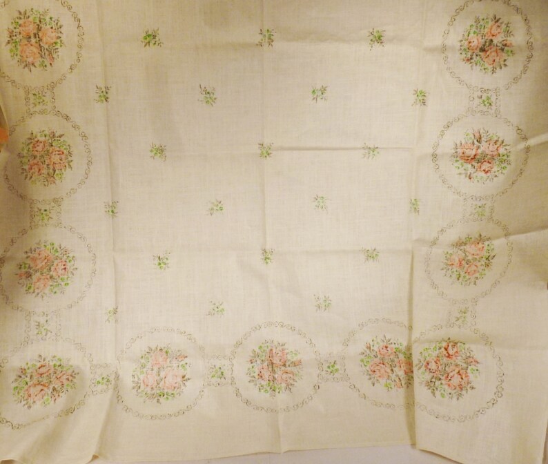 Vintage Linen TABLECLOTH linen ROSES Flowers printed MINT | Etsy