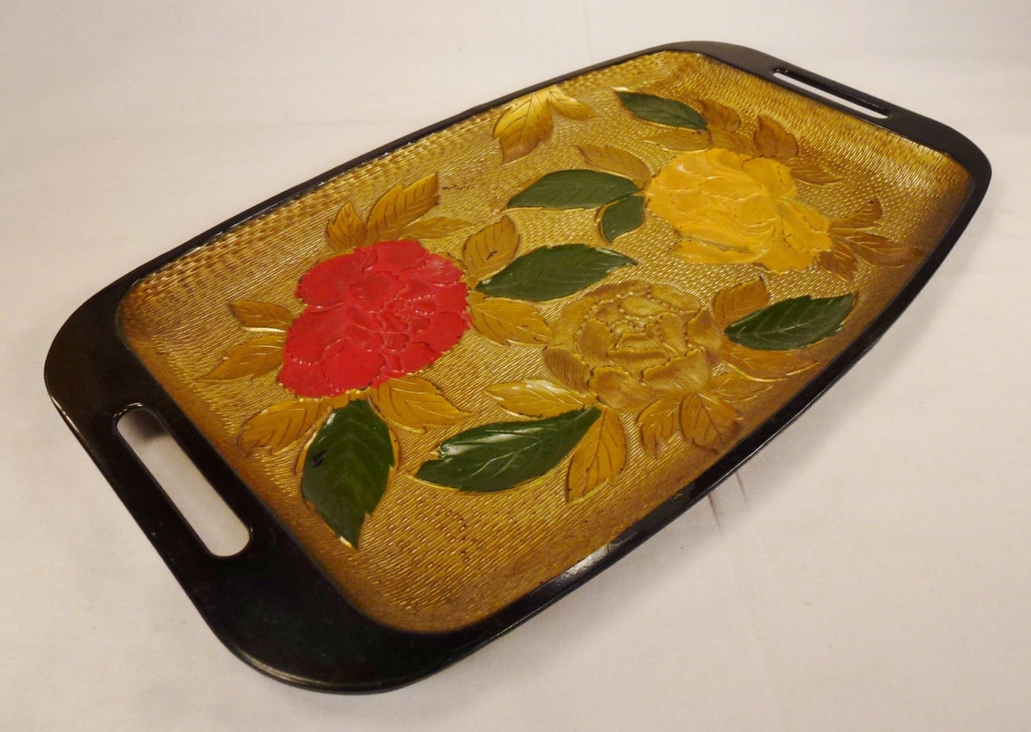 RETRO TRAY ROSES Signed Giftwood Japan Rectangular With Molded - Etsy