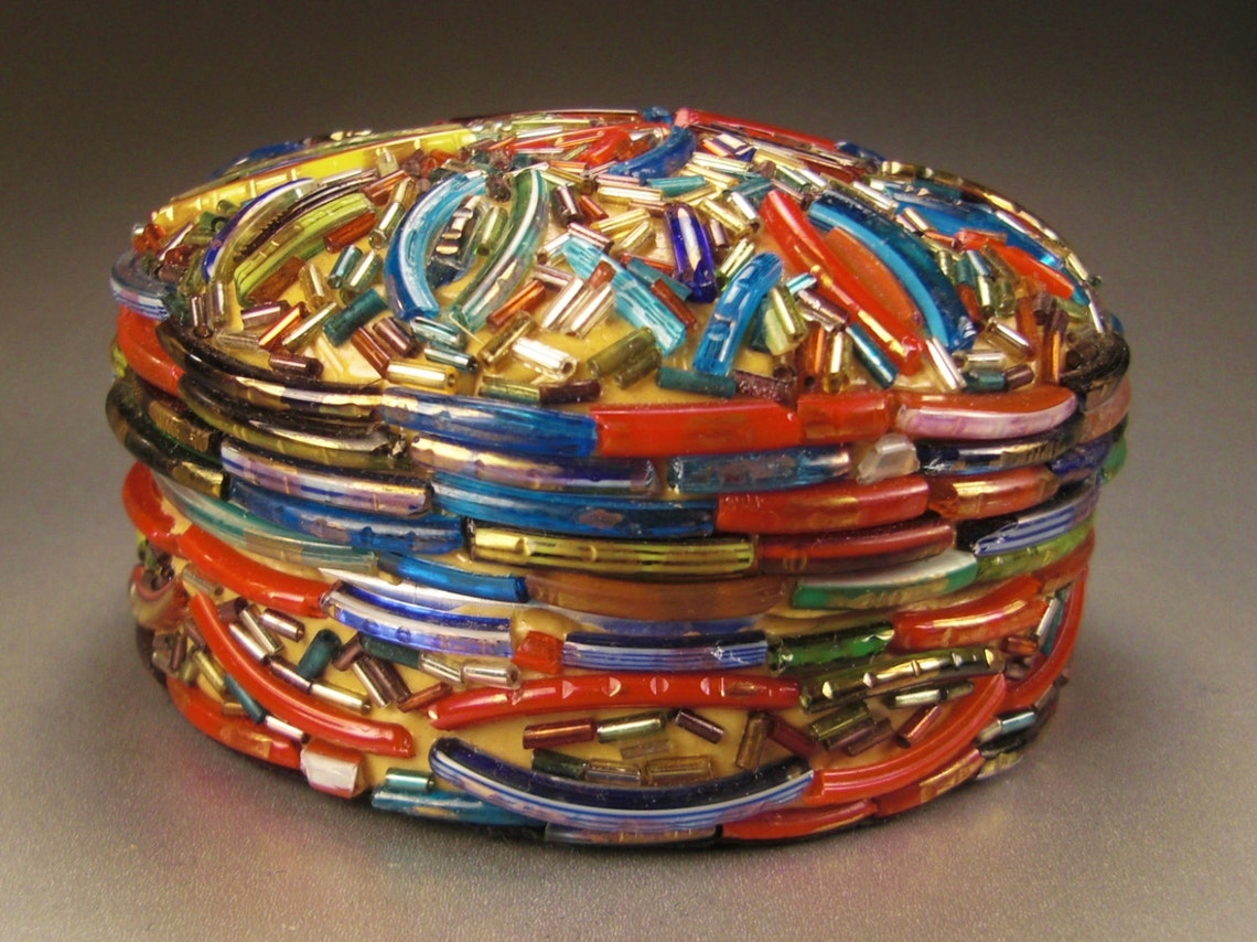 BEADED BOX Handcrafted Bugle Glass Colorful Inbedded 4 in Diam | Etsy