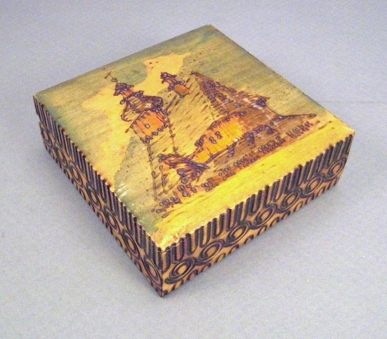 Folk ART COTTAGE Pyro Burned Wood Design Hinged Jewelry Box Ap 4 X 4 X ...