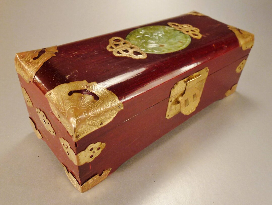 ASIAN Jade Insert , JEWELRY Box , Mahagony Wood, and Brass Accents, App ...