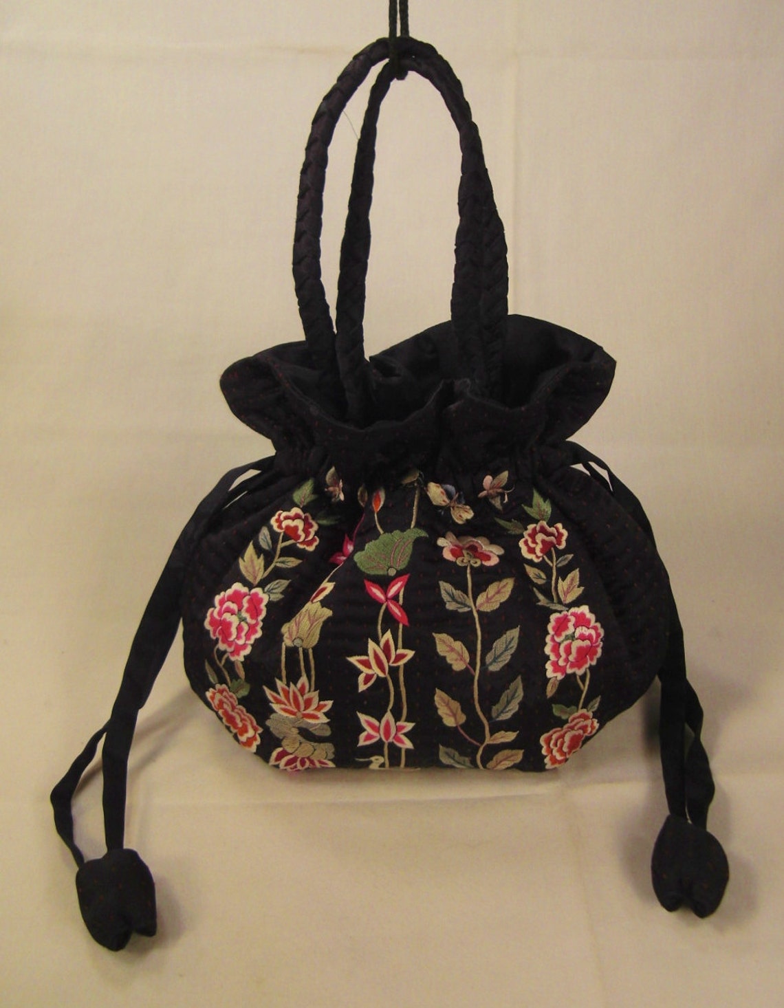 Vintage SILK Pouch Drawstring PURSE Hand Embroidered Pink | Etsy
