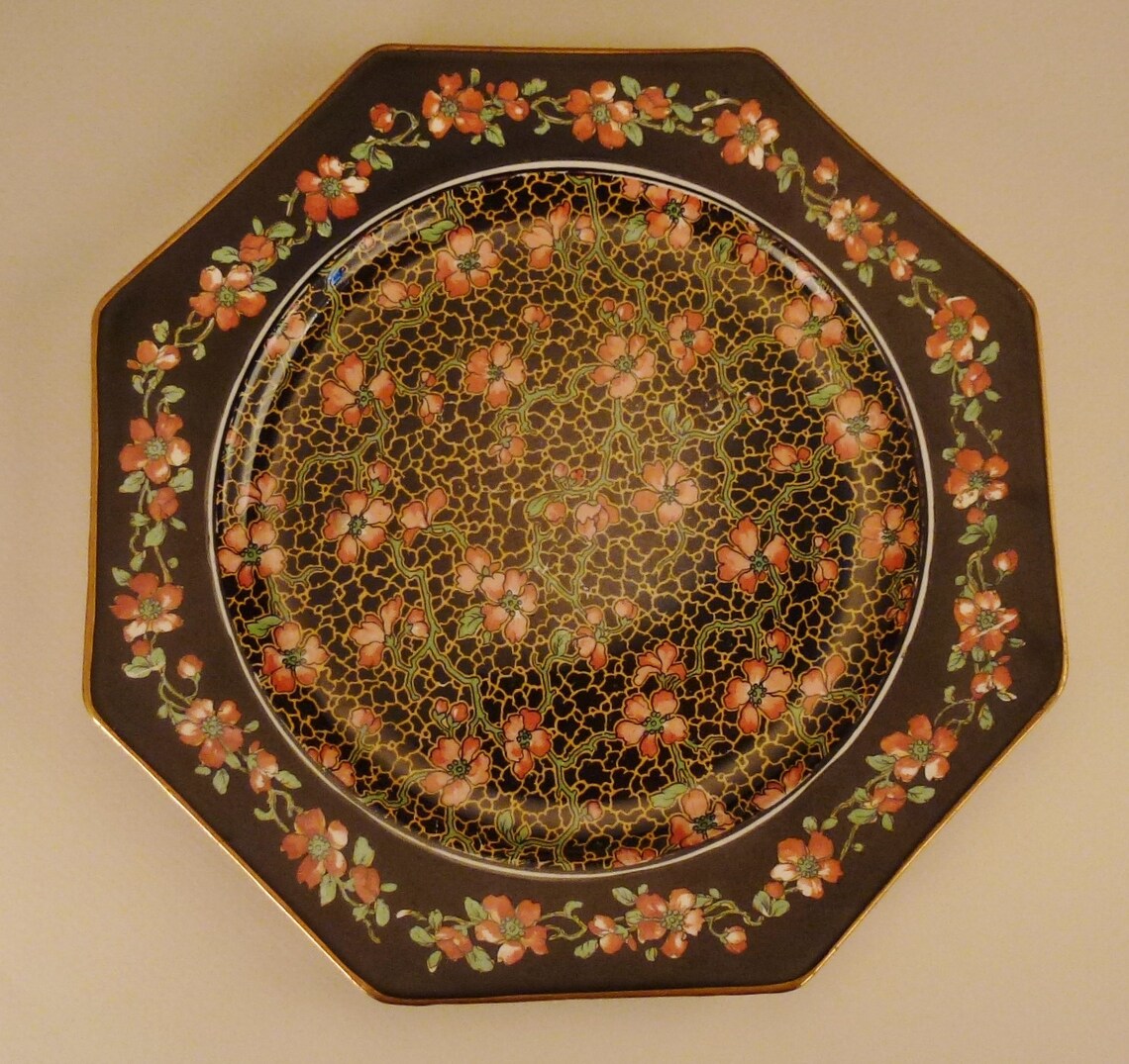 PLATE CHINTZ Crown Ducal Plate Octagonal Black and Pink 1930s England ...