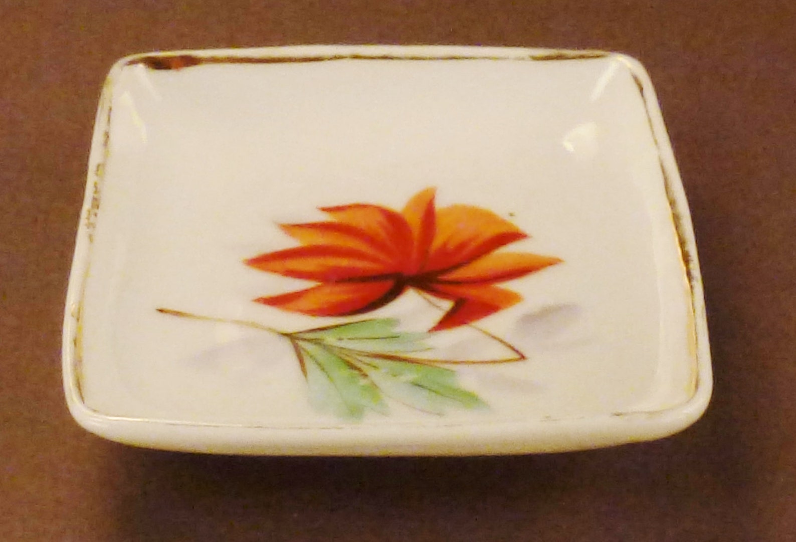 ANTIQUE ENGLAND BUTTER Pat Dish Porcelain Signed Orange Flower 2 3/4 X ...