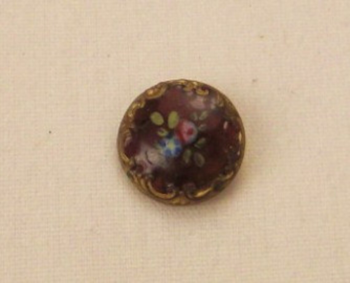 Antique ENAMEL BUTTON Small Vintage French Brown Pink Flower Gold Gilt ...