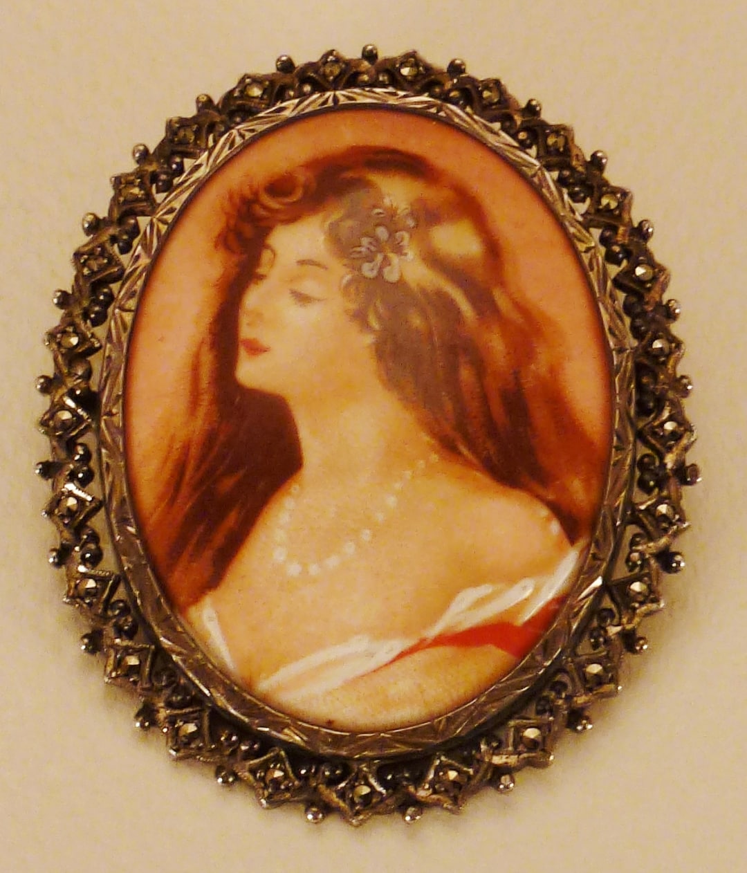 VICTORIAN ENAMEL PORTRAIT Woman Porcelain Hallmarked Marcasites ...