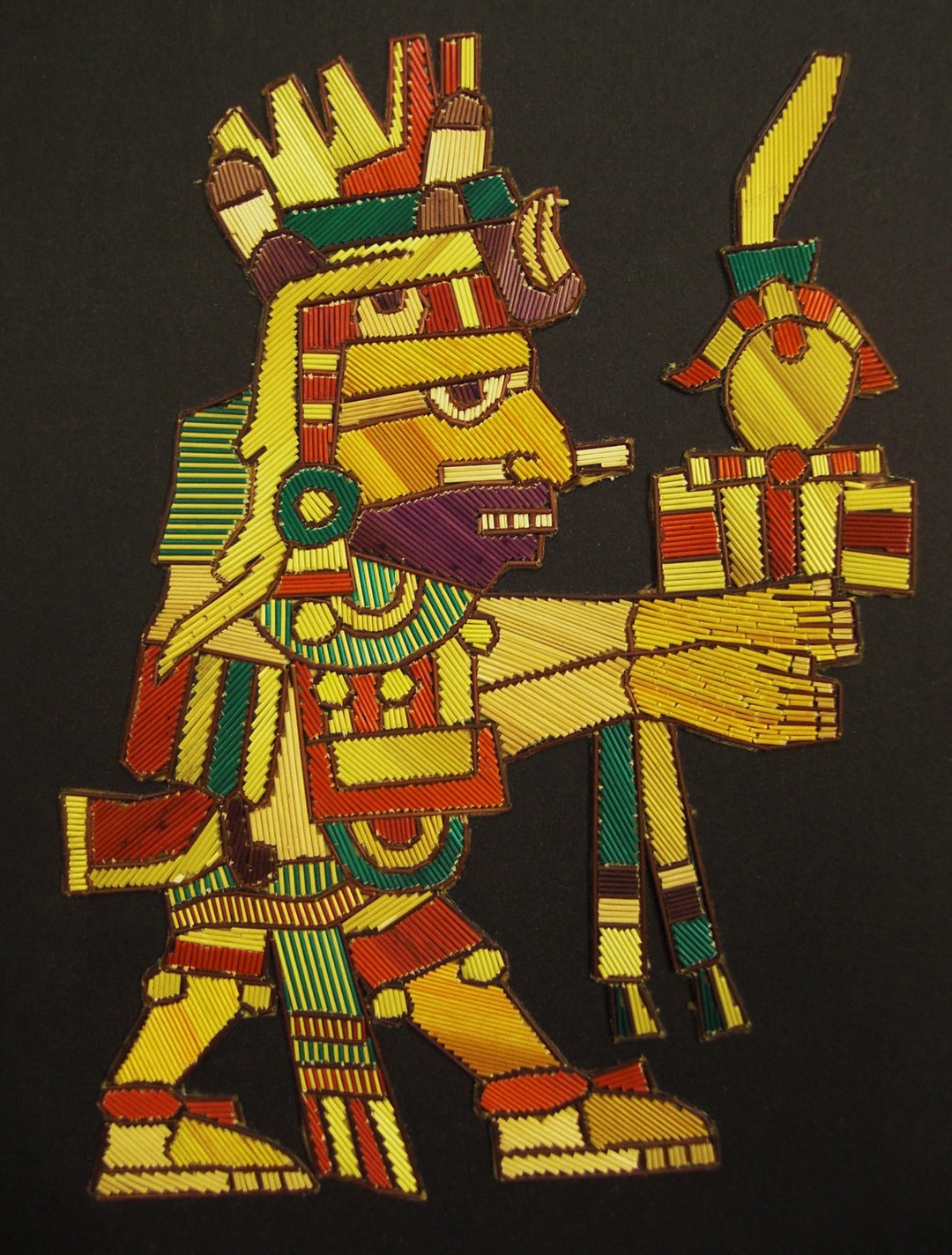 AZTEC WARRIOR -priest Straw Assemblage Embroidery Like on Cardboard 10 ...