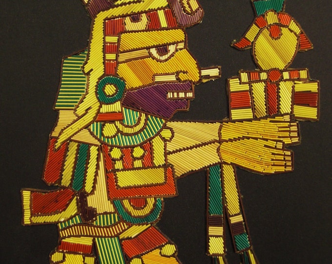 AZTEC WARRIOR -priest Straw Assemblage Embroidery Like on Cardboard 10 ...