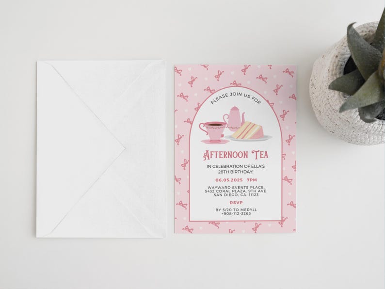 Editable Afternoon Tea Invitation - Canva Template Invite, Pink, Girls ...