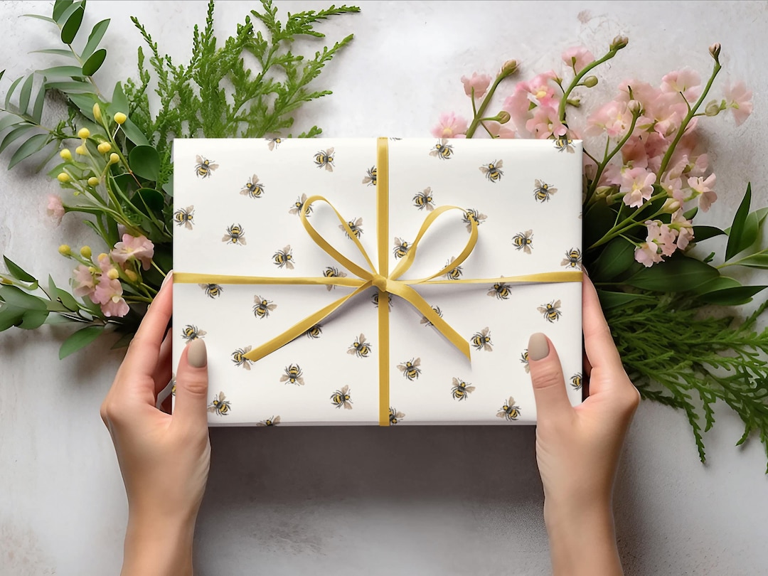 Honey Bee Wrapping Paper - Bumblebee Gift Wrap, Yellow Wrapping Paper ...