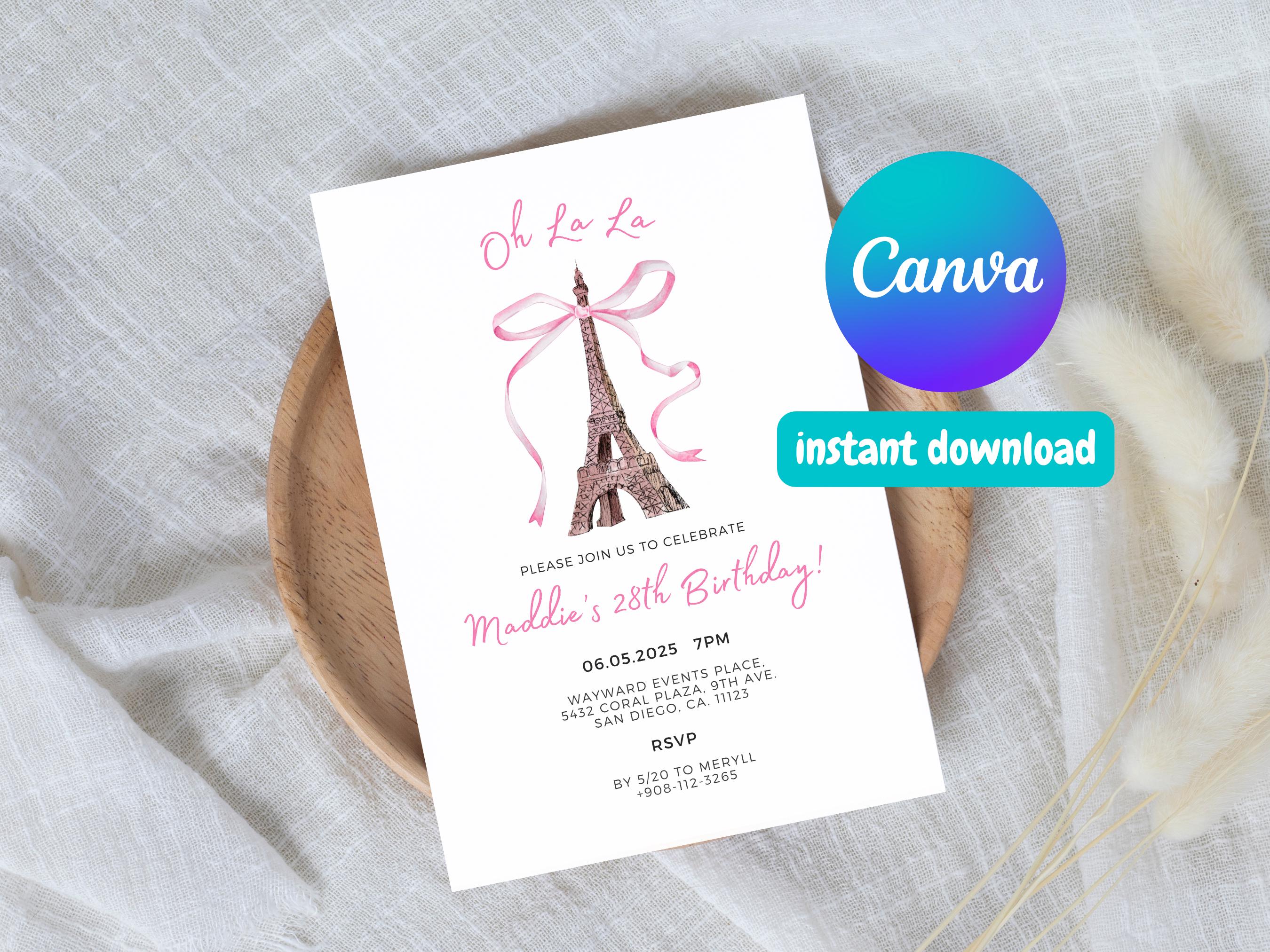 Editable Paris Themed Invitation - Canva Template Birthday Invite ...