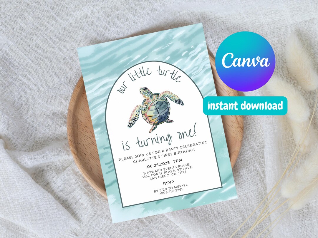 Sea Turtle Birthday Invitation - Canva Template Invite, Beach, Florida ...