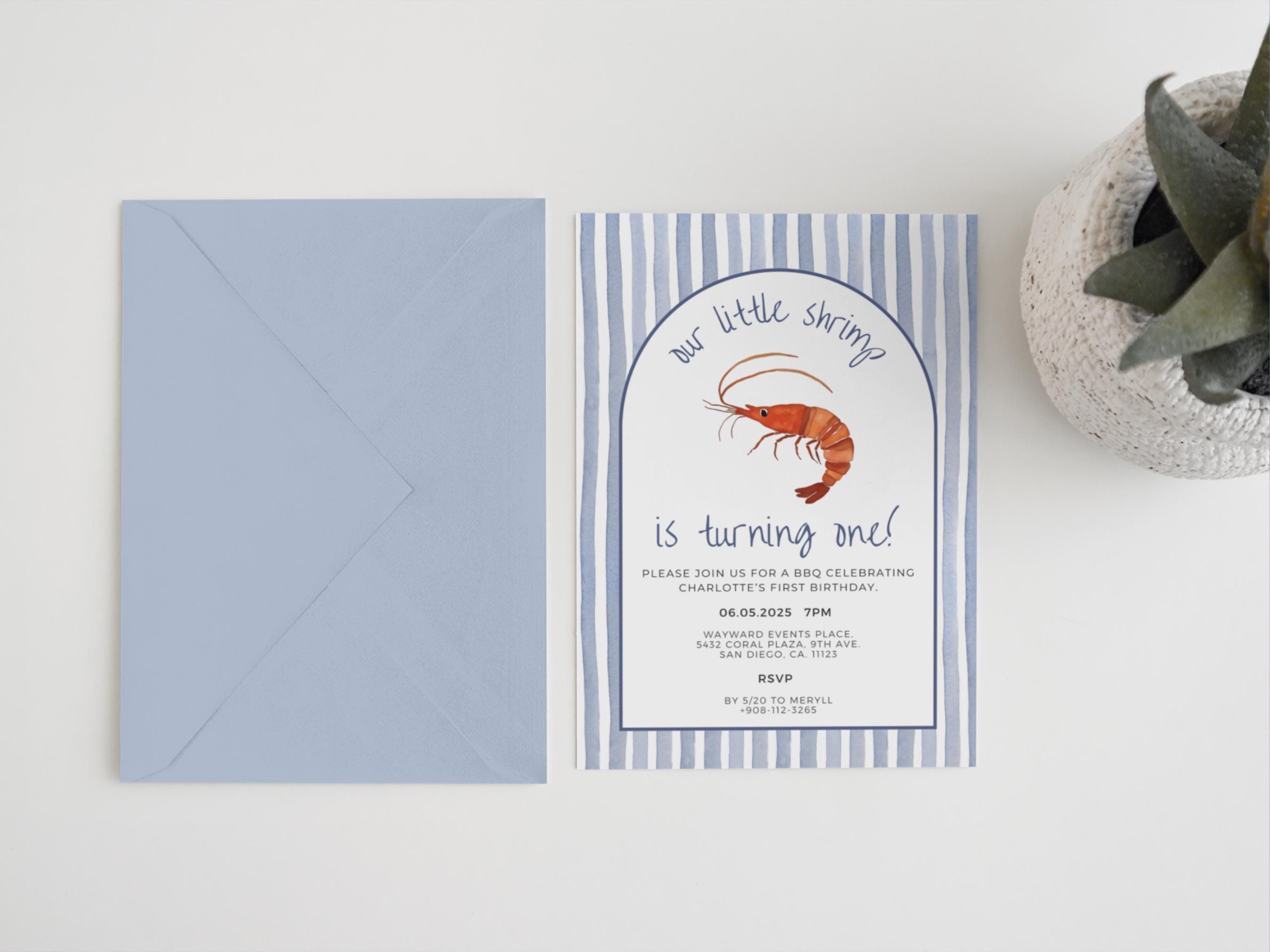 Shrimp Birthday Invitation - Canva Template Invite, Coquette, Baby 1st ...