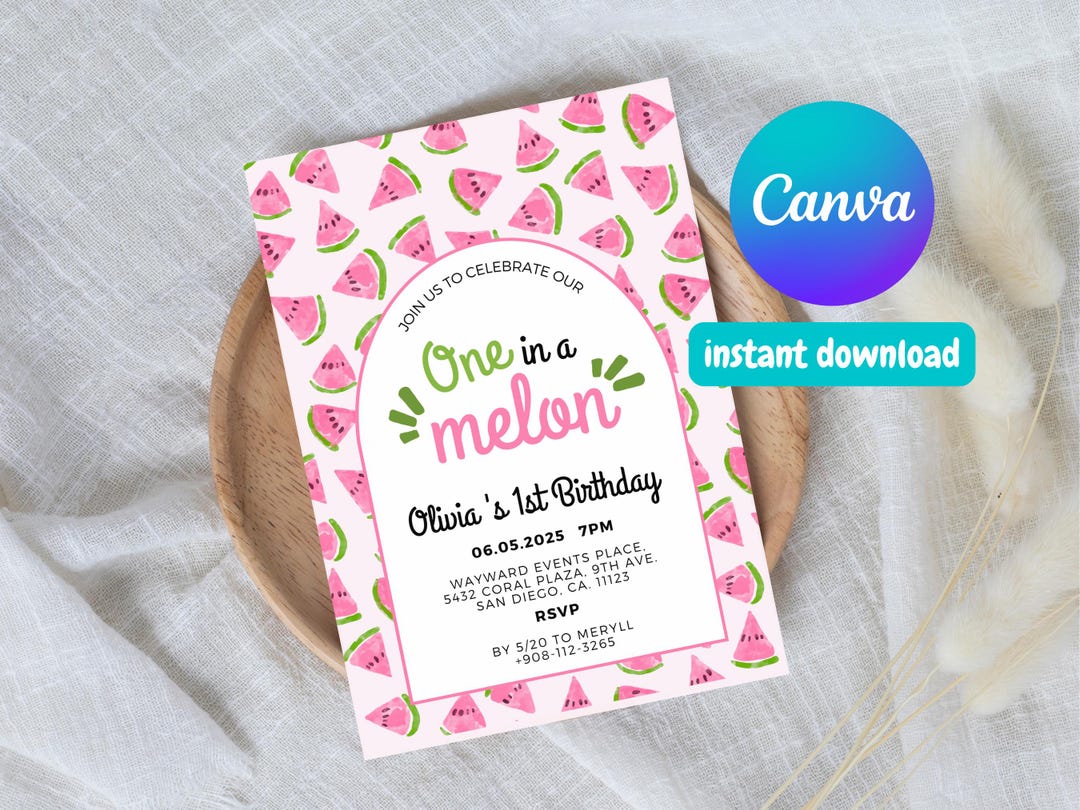 One in Melon Invitation - Canva Template Invite, Coquette, Baby 1st ...