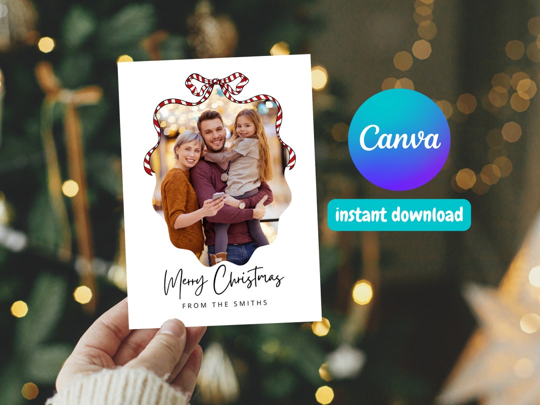 Editable Christmas Card - Canva Template, Xmas Card, Peppermint, Ribbon ...