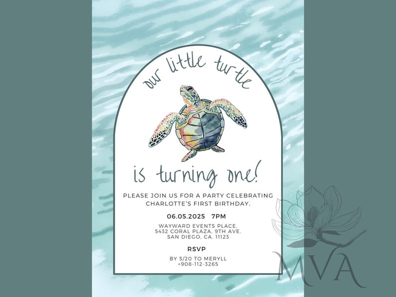 Sea Turtle Birthday Invitation - Canva Template Invite, Beach, Florida ...
