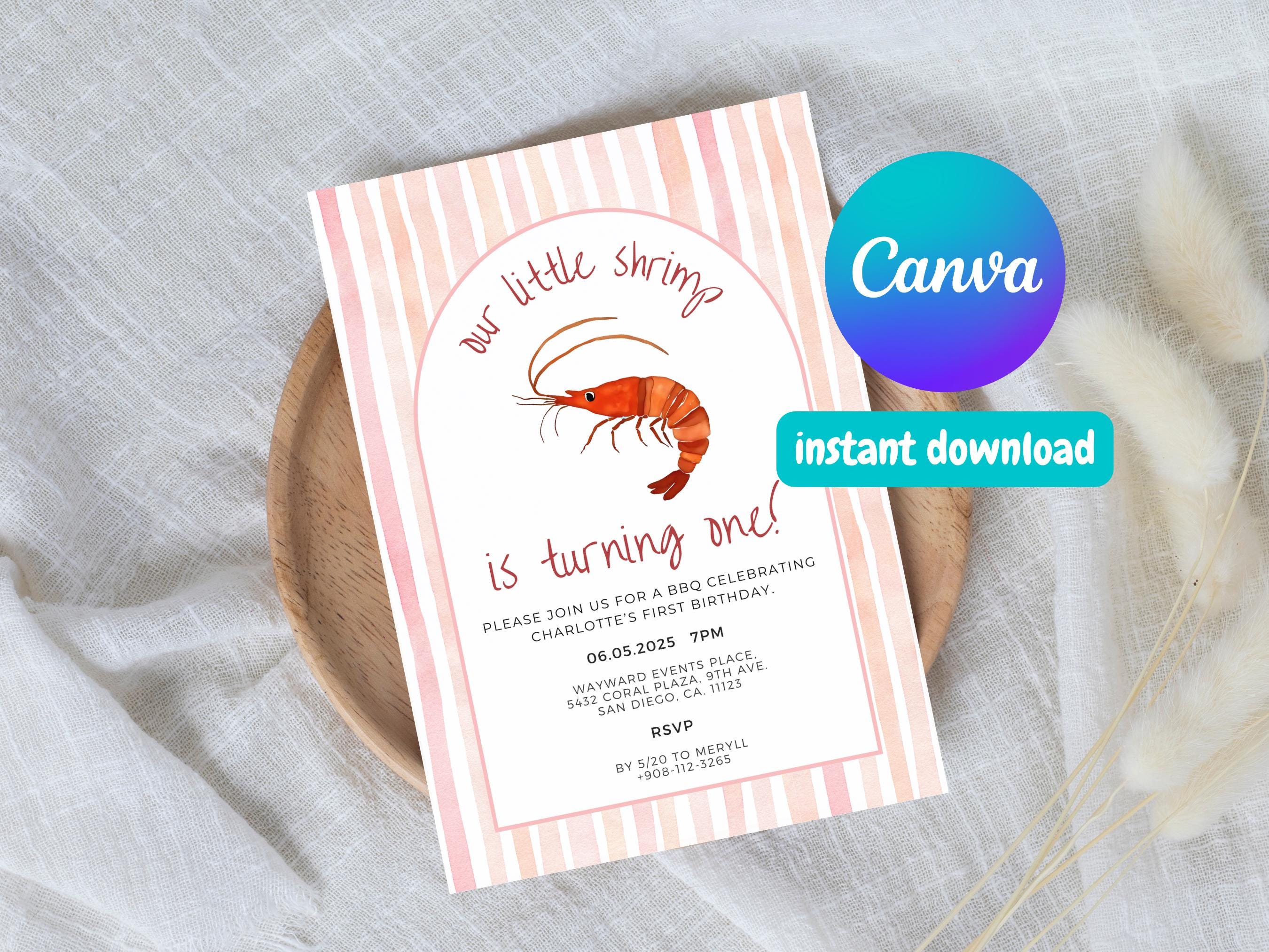 Shrimp Birthday Invitation - Canva Template Invite, Coquette, Baby 1st ...