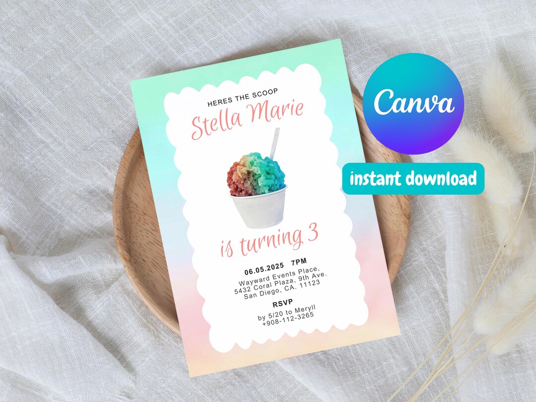 Snow Cone Birthday Invitation - Canva Template Birthday Invite, Party ...