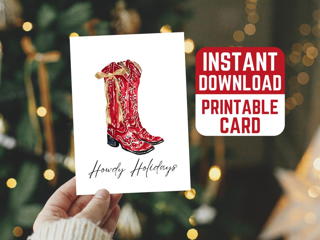 Printable Howdy Holidays Card - Watercolor Art, Cowgirl Christmas, Red ...