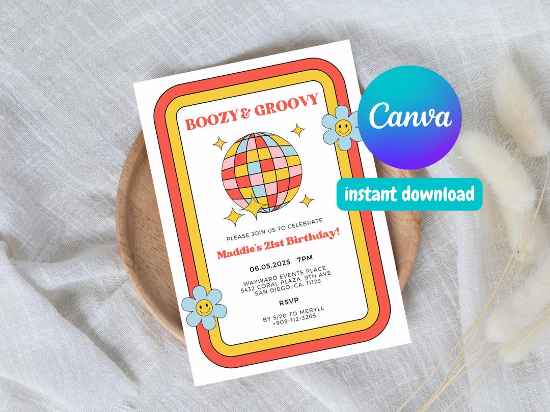 Editable Groovy and Boozy Invitation - Canva Template Invite, Disco ...