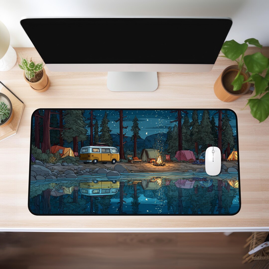 Cozy Night Camping Desk Mat, Forest Campfire Mouse Pad, Illustrated Van ...