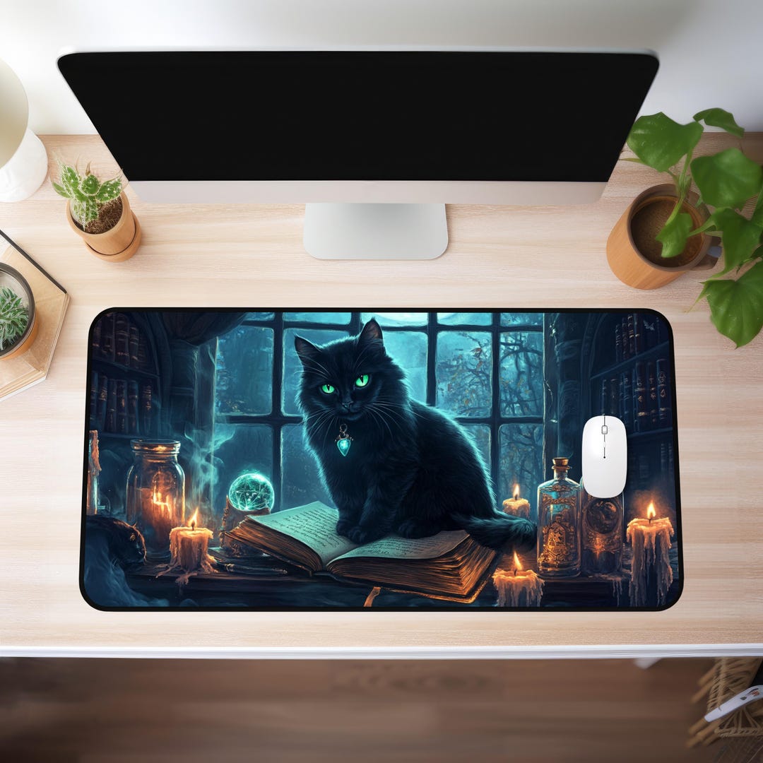 XXL Witch Cat Mouse Pad – Gothic Spellbook Desk Mat, Witchy Black Cat ...