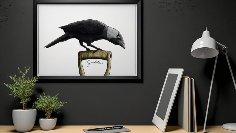 A3 Digital Print Drawing of Jackdaw on a Spade | Bird Art Print | Hand ...