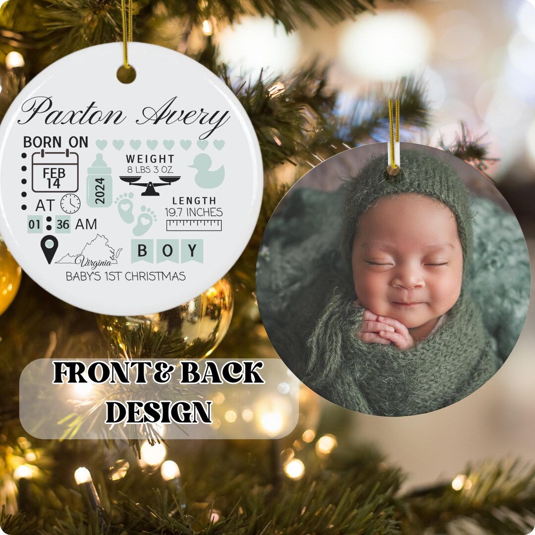 Personalized Baby's 1st Christmas Birth Stats Ornament With Picture ...