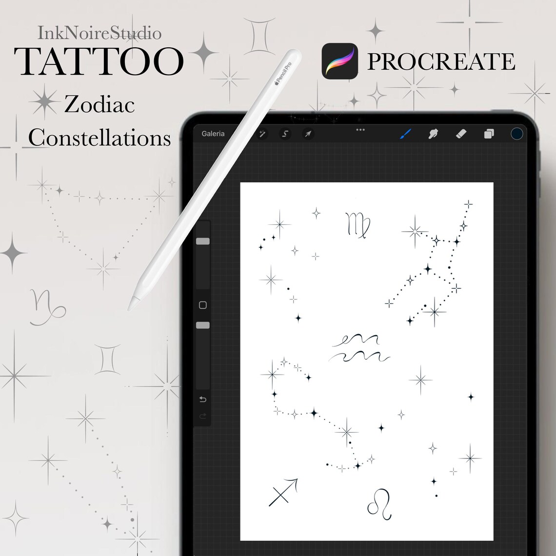 Zodiac Constellations Tattoo Stamps for Procreate • Tattoo Brushes • Zodiac Constellations ...