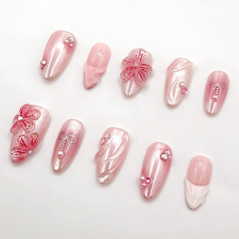 Pink Floral Press on Nails With 3D Flower and Pearl Nails Elegant ...
