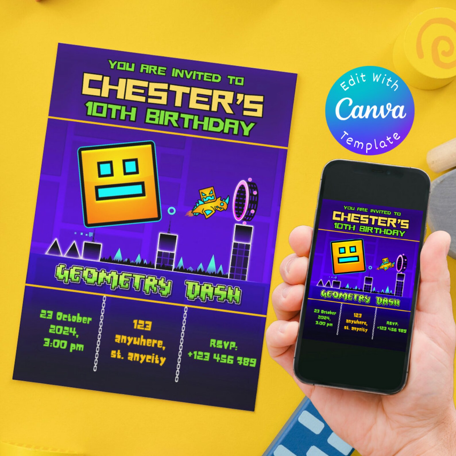 Editable Geometry Dash Birthday Invitation Kids Geometry Dash ...